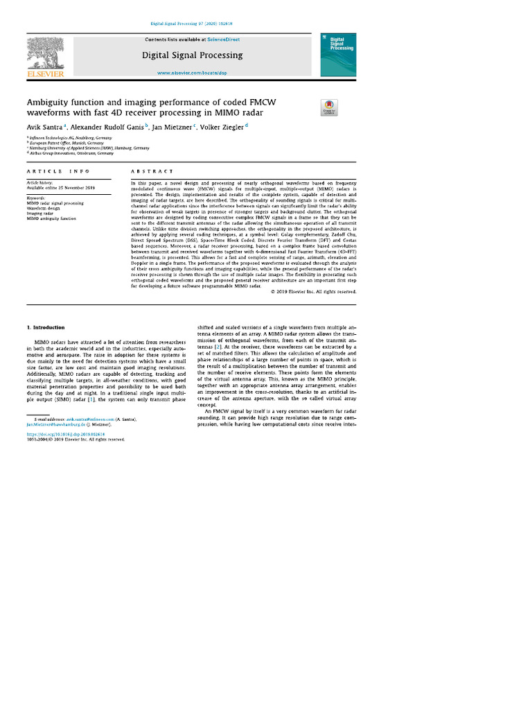 Ambiguity Function and Imaging Performance of Coded FMCW Waveforms With Fast 4D Receiver ...