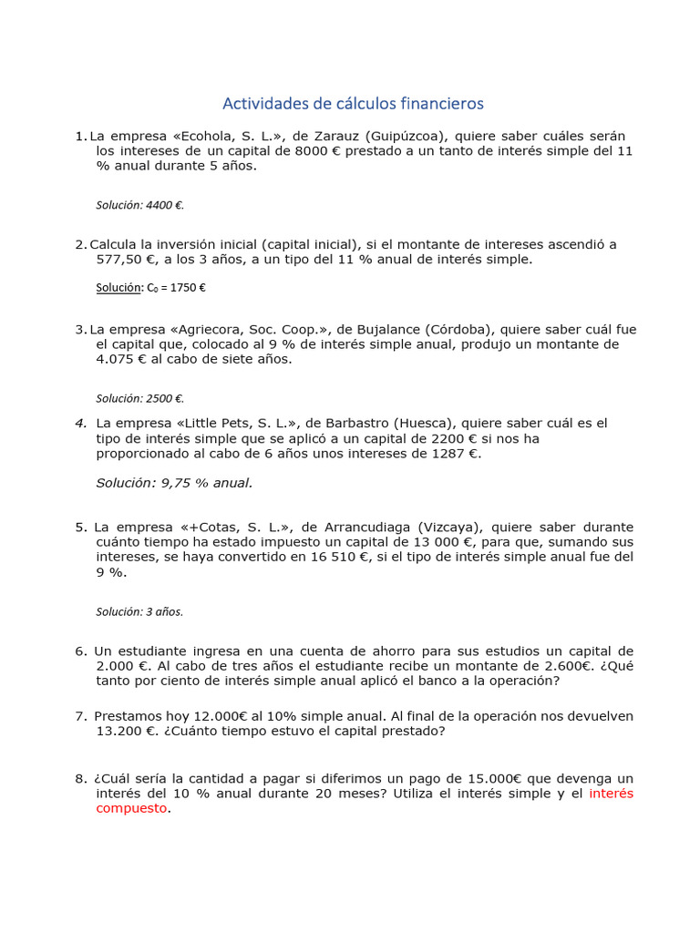 GF Tema 2 Actividades Capitalización Simple | PDF