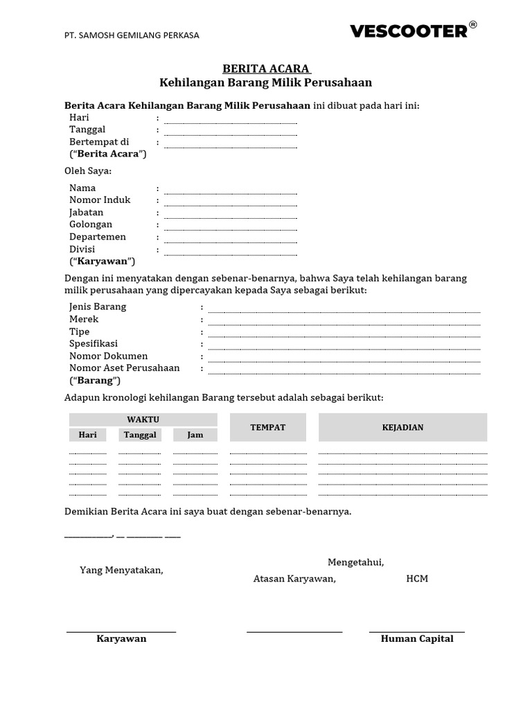 Berita Acara Kehilangan Barang Perusahaan | PDF | Bisnis | Game & Aktivitas