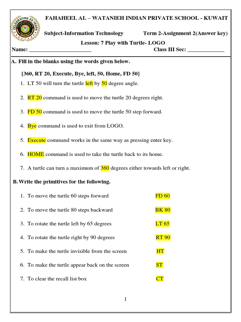 Class 3 LS 7 Play with Turtle - LOGO Assignment 2 ( Answer key) (1) | PDF