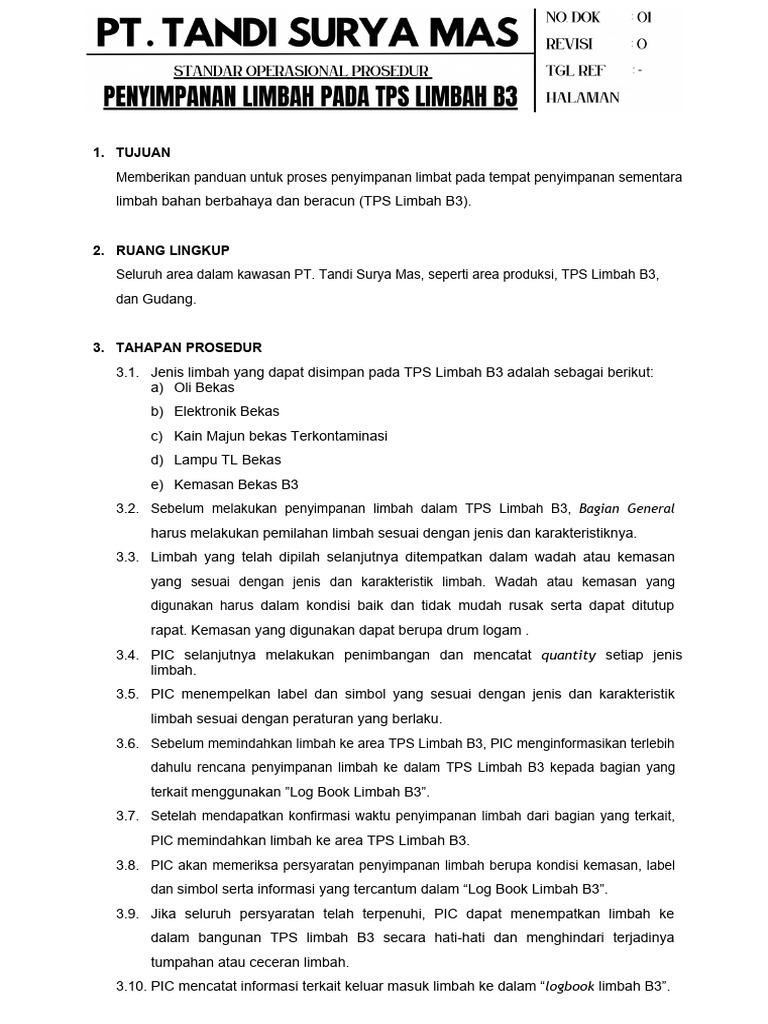 SOP Penyimpanan Limbah Pada TPS Limbah B3 | PDF