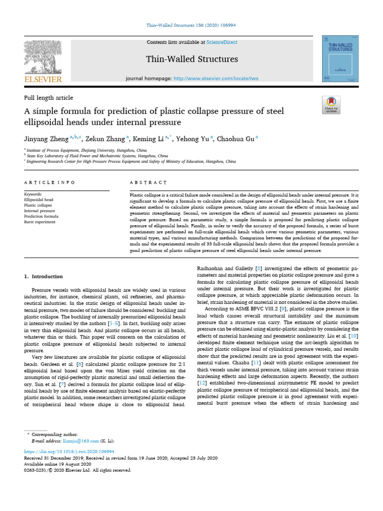 A Simple Formula For Prediction of Plastic Collapse Pressure of Steel ...