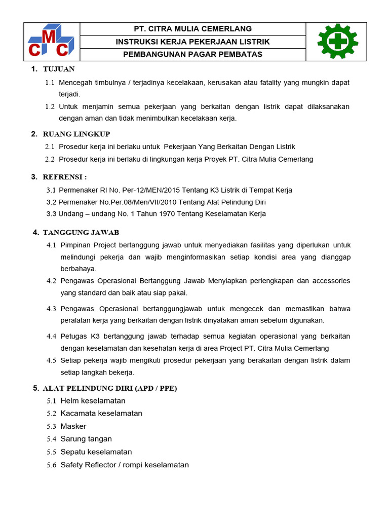 Instruksi Kerja Listrik PT Citra Mulia | PDF