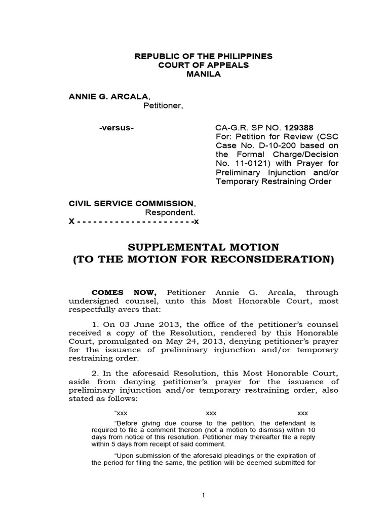 CA GR 129388 Alcala vs. CSC (SUPPLEMENTAL To Motion For Reconsideration) | PDF | Injunction ...