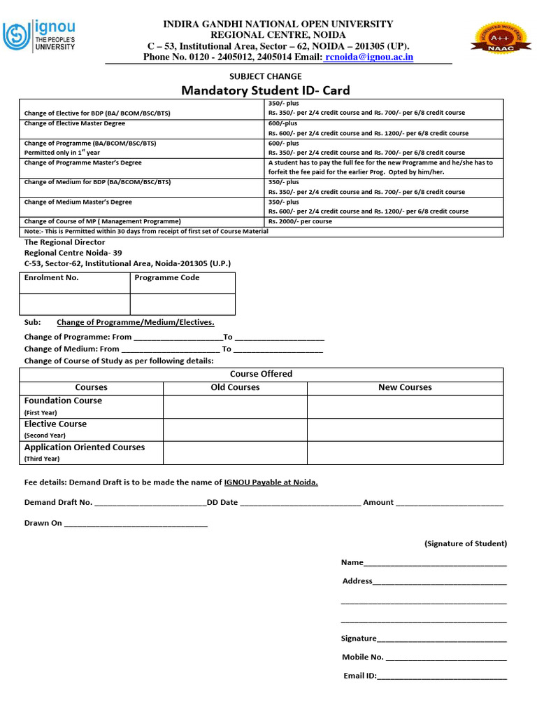 IGNOU Elective Subject Change Application | PDF | Service Industries