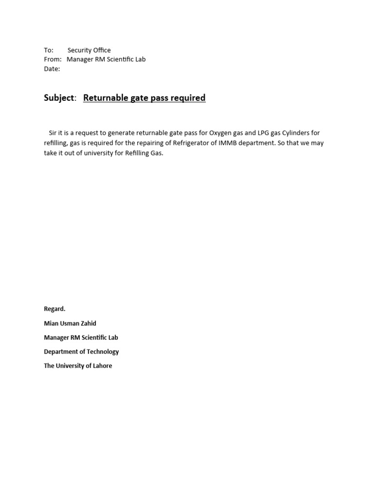 Memo For GATE PASS For Oxygen and LPG Gas | PDF