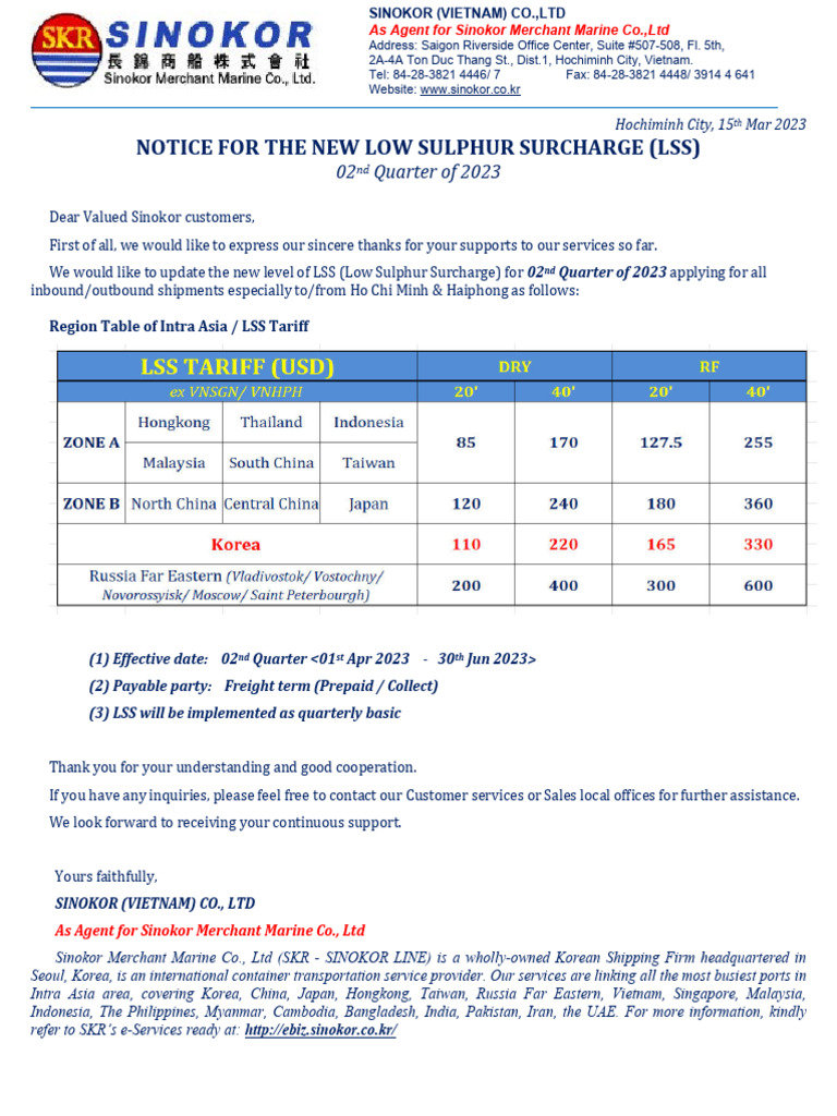 Sinokor - Bảng Giá Cước | PDF