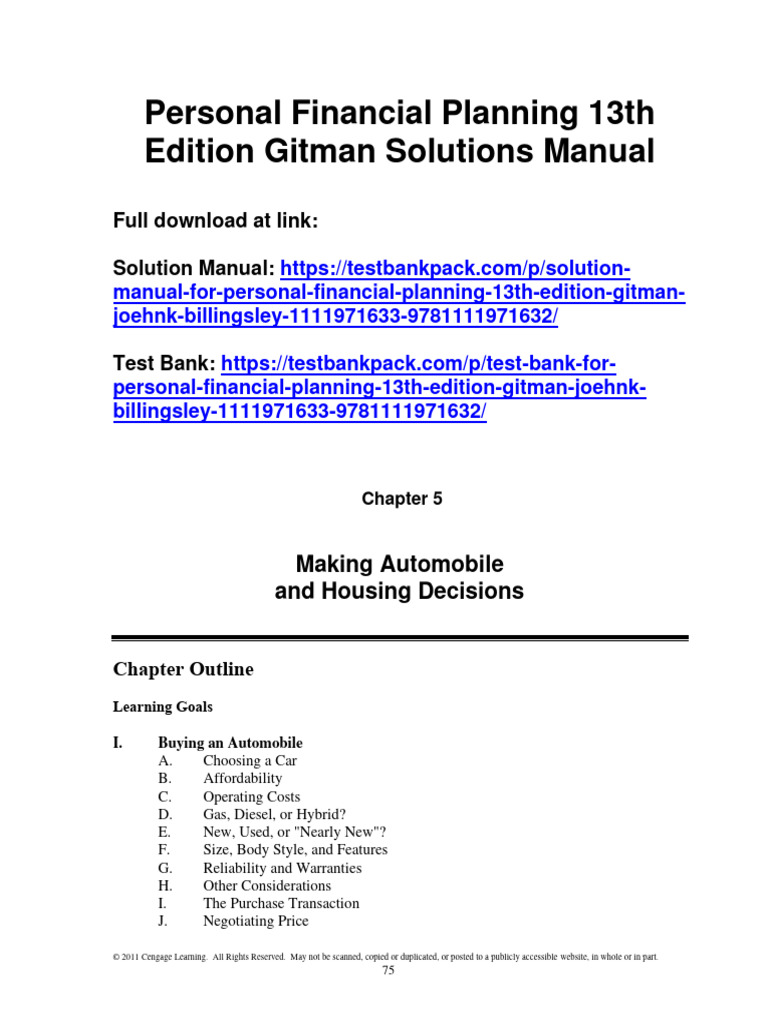 Personal Financial Planning 13th Edition Gitman Solutions Manual 1 | PDF | Mortgage Loan | Car