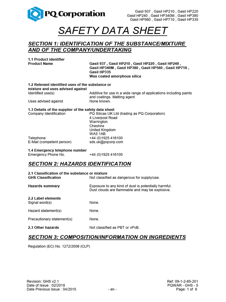 Gasil Silica Safety Data Sheet | PDF