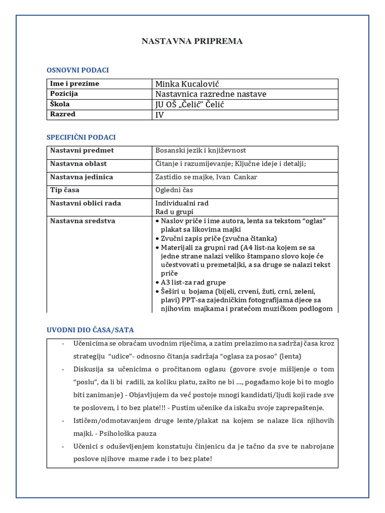 Nastavna Priprema 3 | PDF