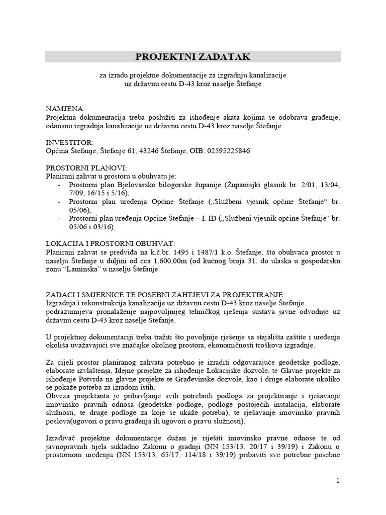 Projektni Zadatak - Kanalizacija Uz DC 43 Prilog 7 | PDF