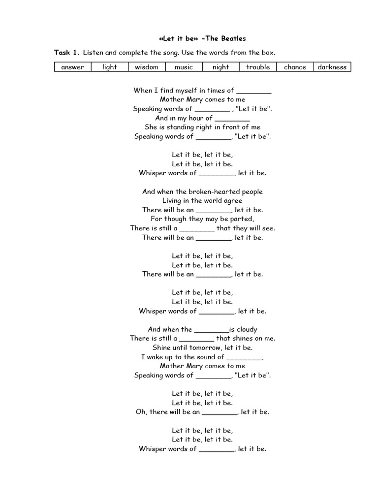 "Let It Be Song Completion Exercise" | PDF | Language Arts & Discipline