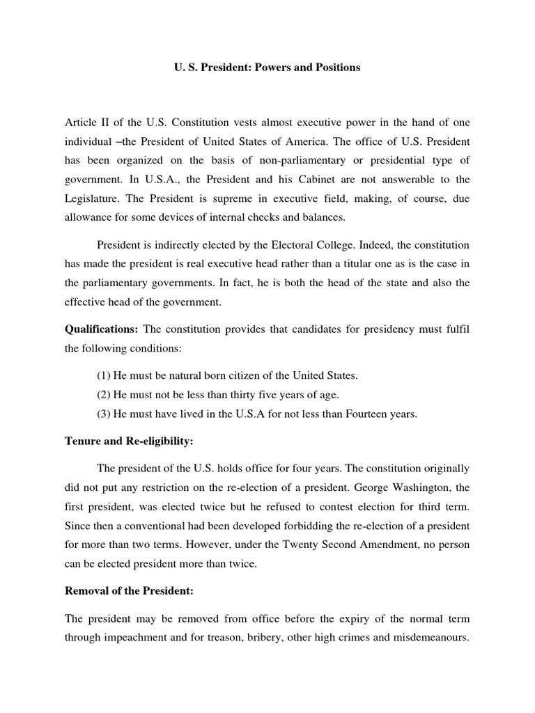 US President and Powers | PDF | American Government | Presidents Of The ...