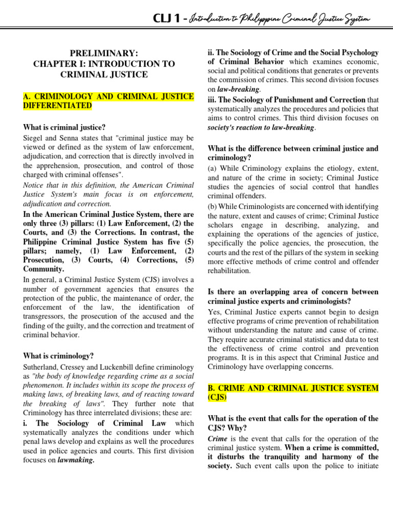CLJ 1 - PRELIMS CHAPTER 1 and 2 | PDF | Crime & Violence | Criminal Justice