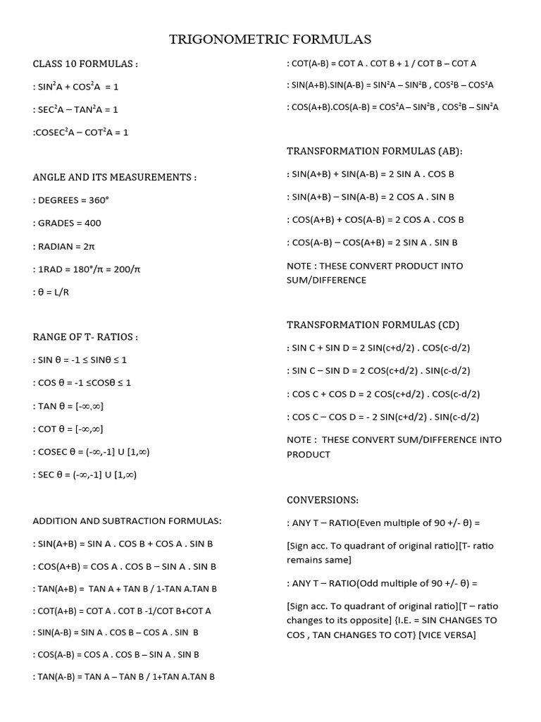 Trigonometric Formulas | PDF | Trigonometric Functions | Mathematics
