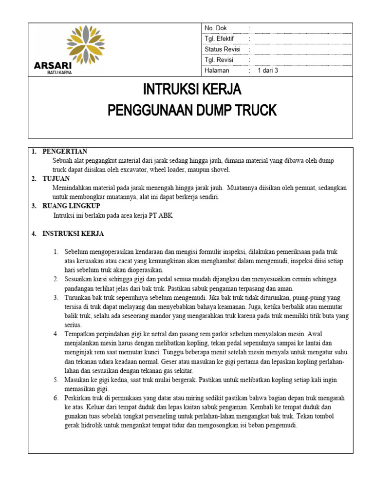 Instruksi Kerja Dump Truck | PDF