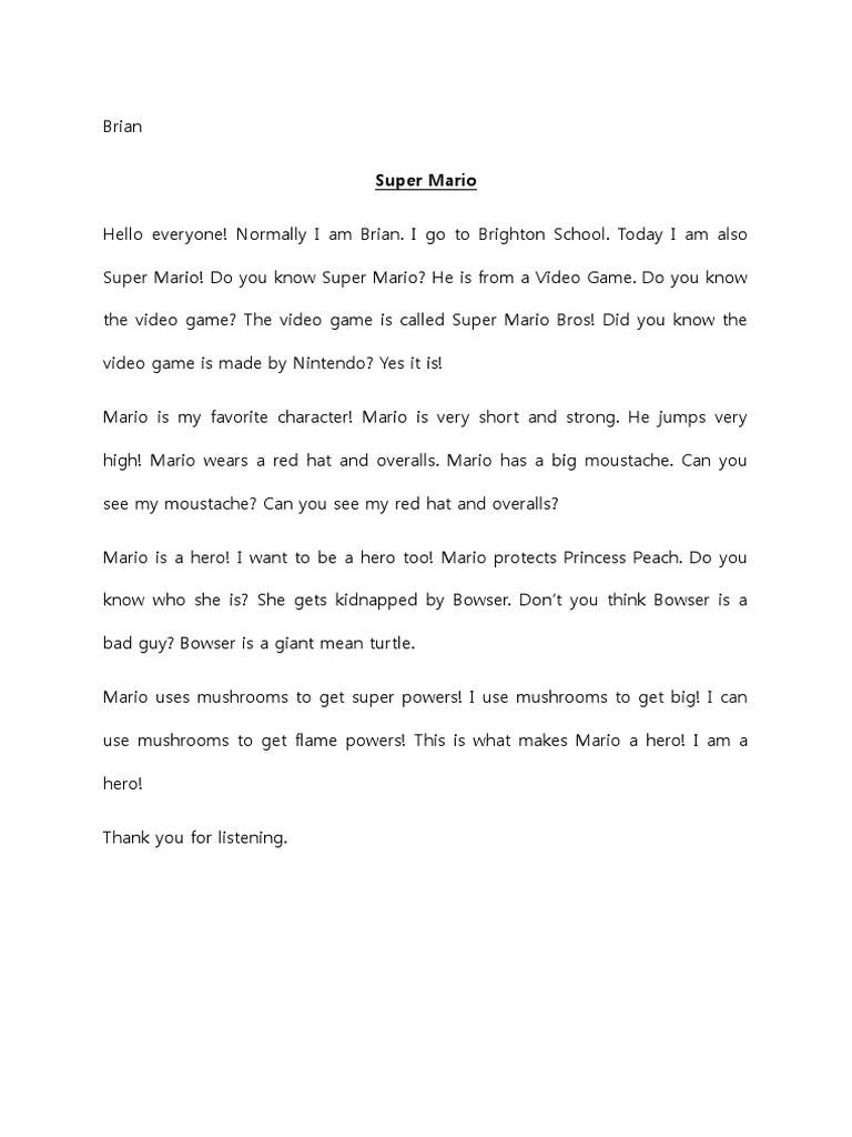 Brian Speech Contest Super Mario | PDF | Sports & Recreation | Self ...