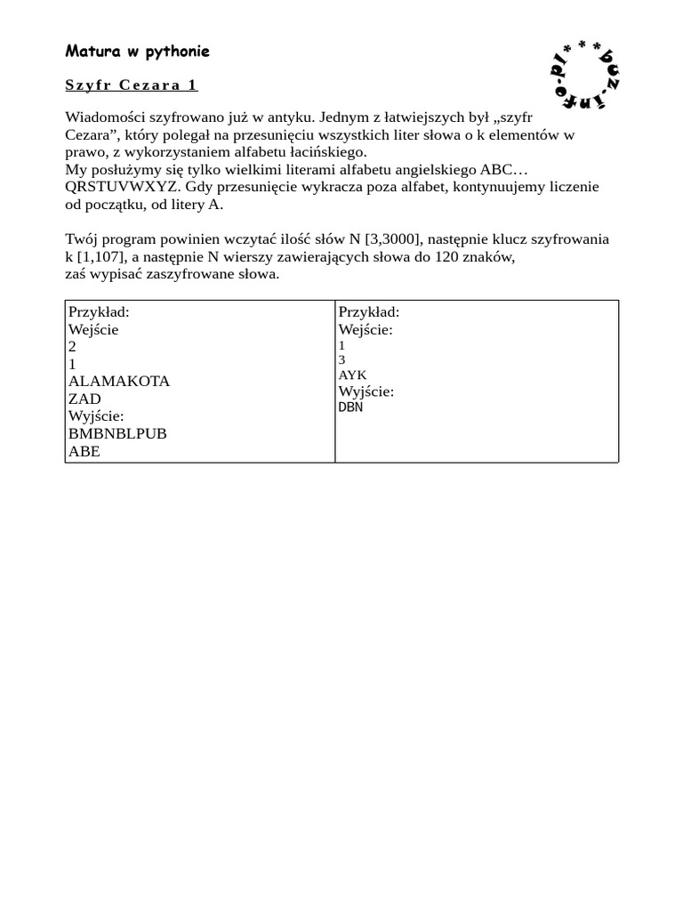 Matura W Pythonie Szyfr Cezara 1: 1 3 AYK DBN | PDF