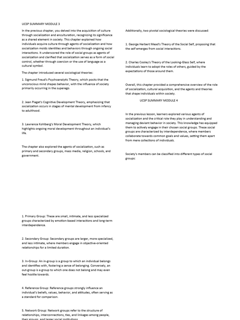 Ucsp SUMMARY MOD 3 AND 4 | PDF | Socialization | Cognition