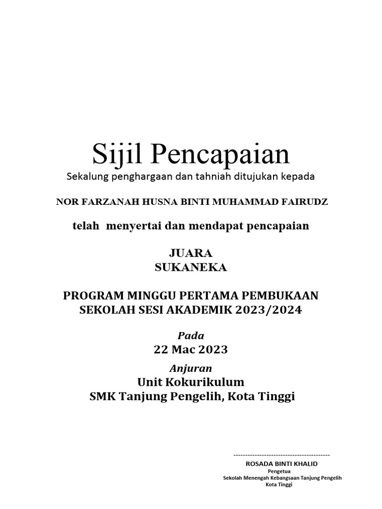 Sijil Penghargaan - Bengkel Teknik Menjawab SPM | PDF