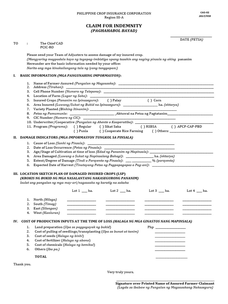 CLAIM FOR INDEMNITY NEW(ABISO NG PINSALA) | PDF