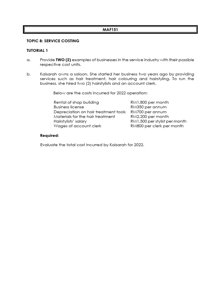 Topic 8 Service Costing Tutorial - Q | PDF | Cost | Business