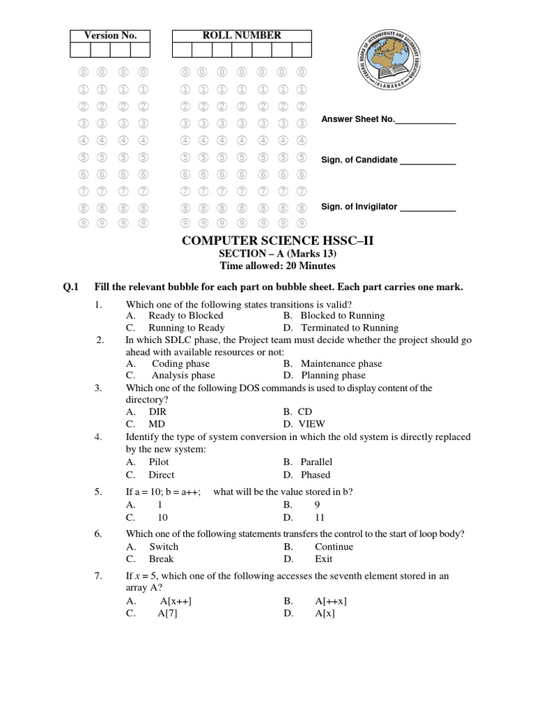 Final Model Paper Computer Science HSSC-II | PDF | C++ | Computer Programming