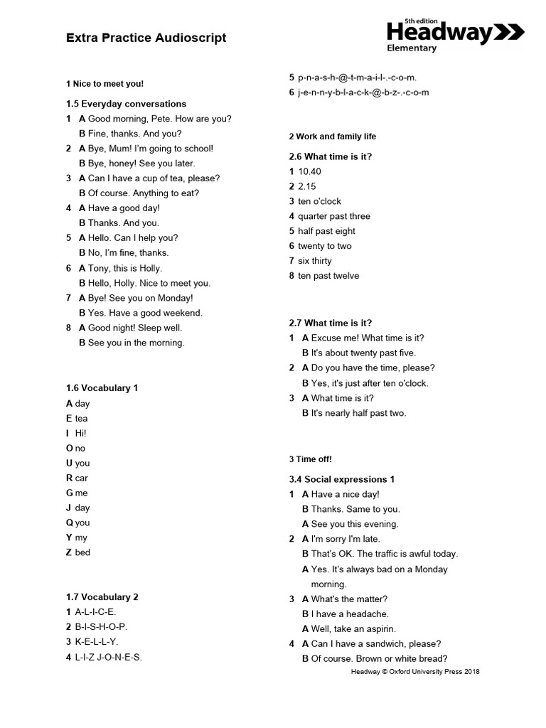 Headway Elementary Extra Practice Audioscript | PDF