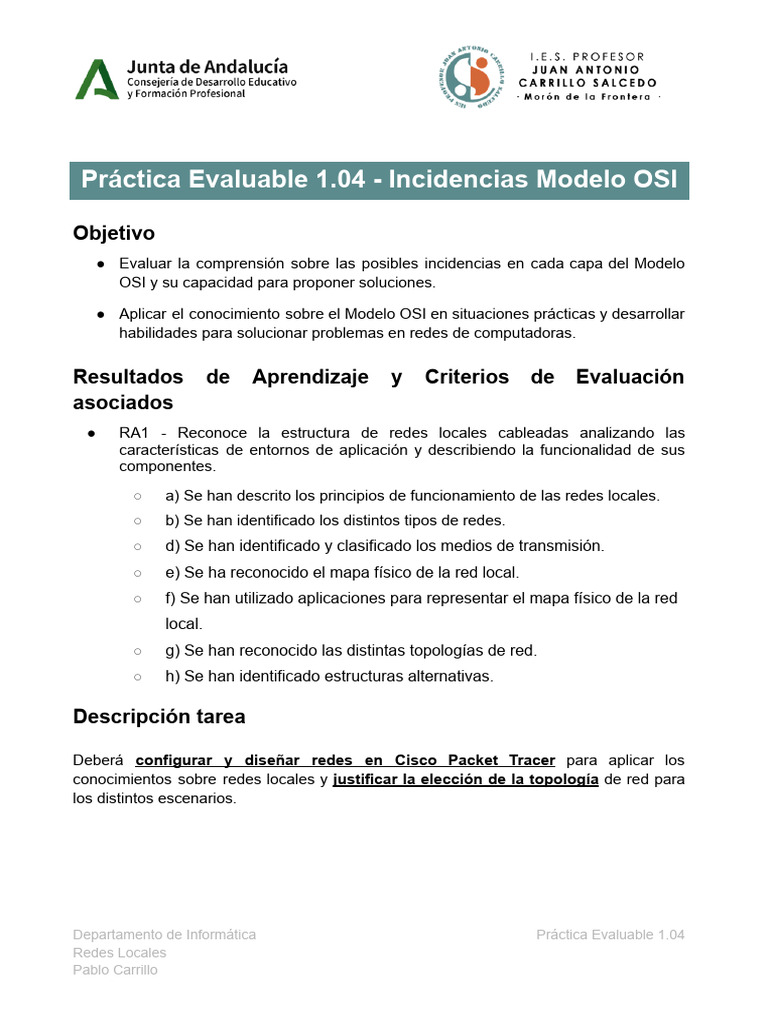 Práctica Evaluable 1.04 - Escenarios Packet Tracer | PDF | Red de computadoras | Modelo osi