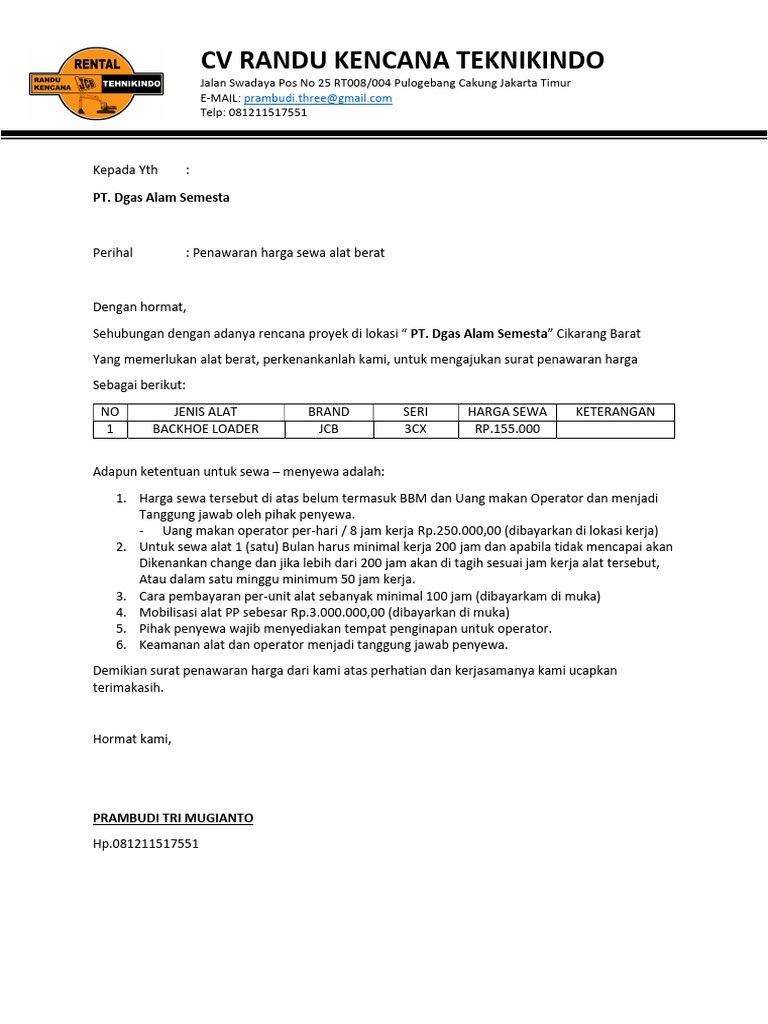 Surat Penawaran Sewa Alat Berat | PDF