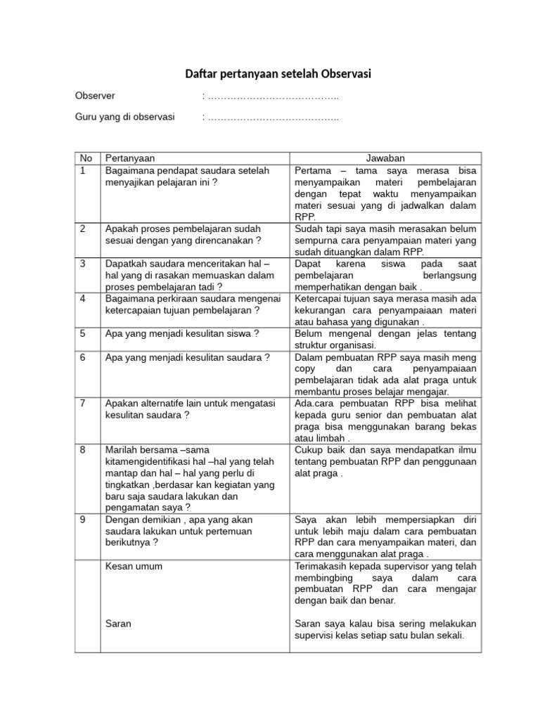 Daftar Pertanyaan Setelah Observasi | PDF