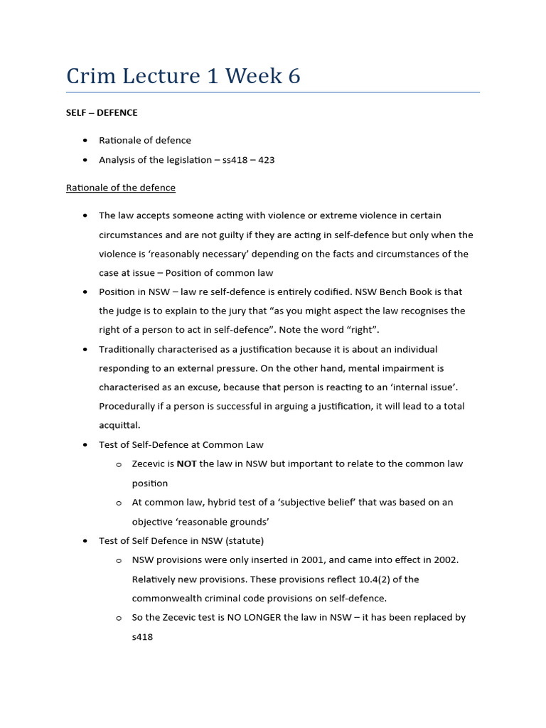 Week 6 Lect 1 | PDF | Burden Of Proof (Law) | Self Defense