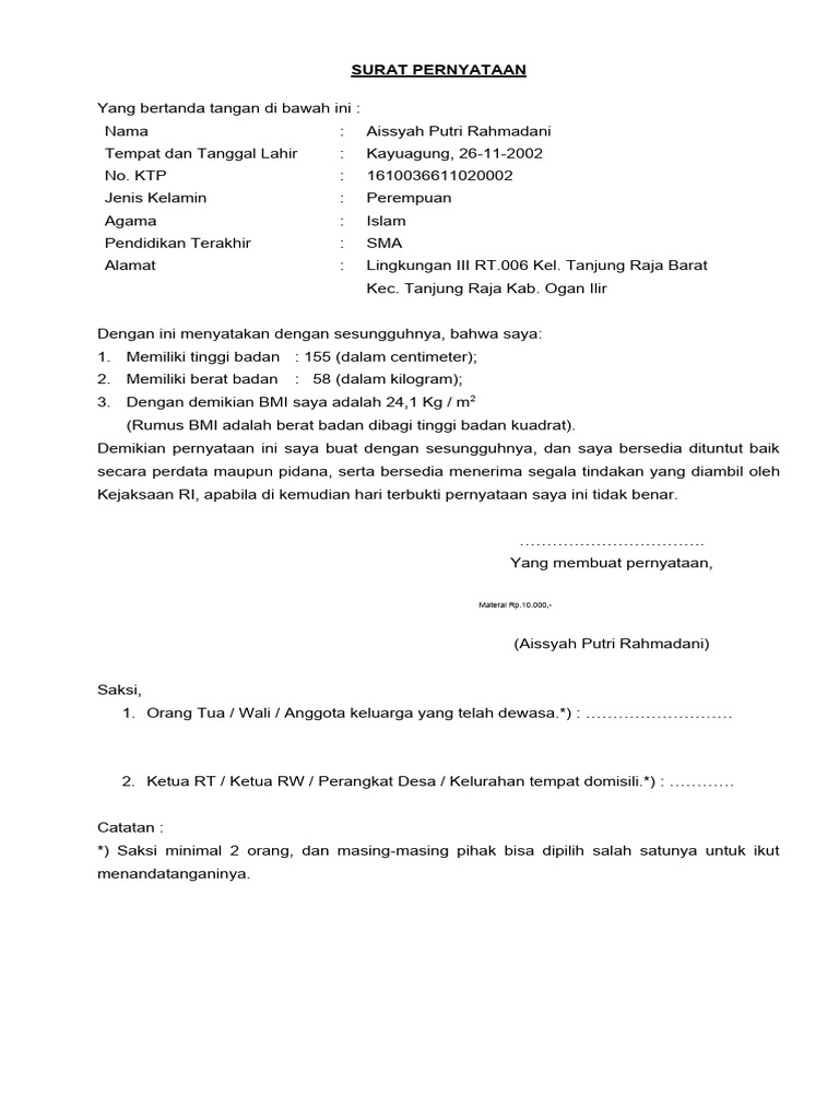 SURAT PERNYATAAN TB_BB_BMI | PDF
