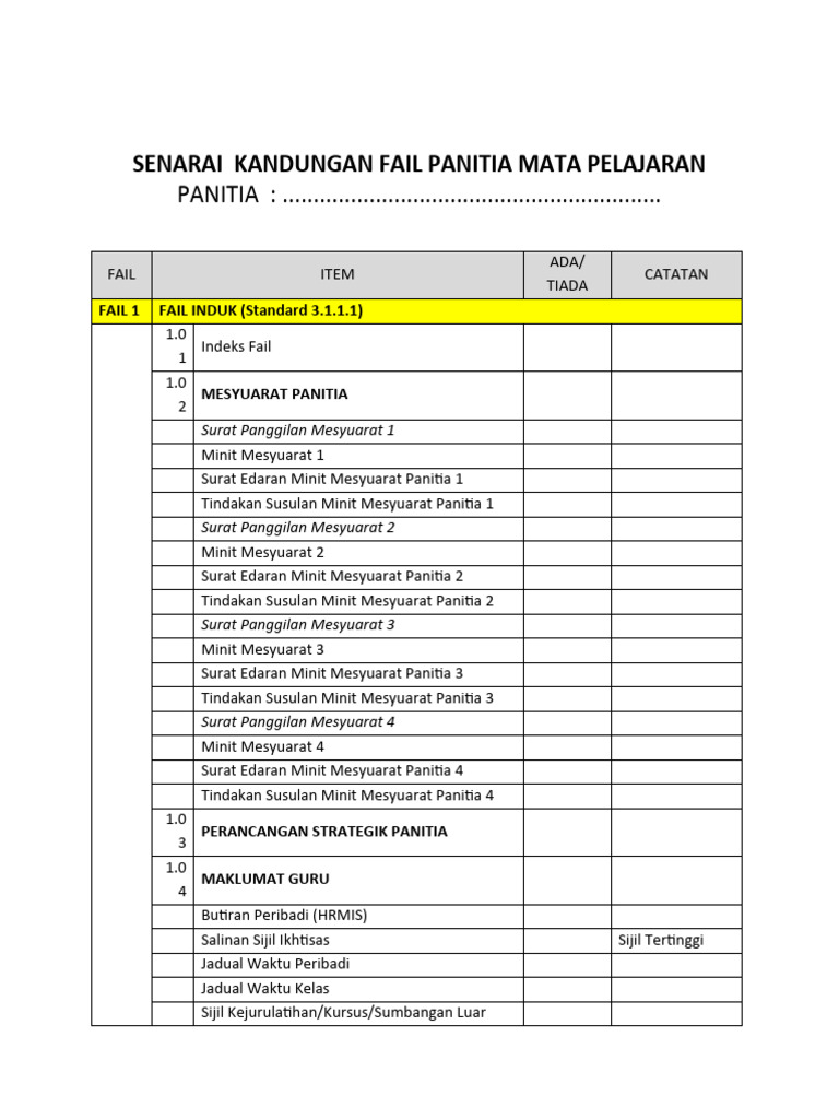 Senarai Semak Kandungan Fail Panitia Terkini | PDF