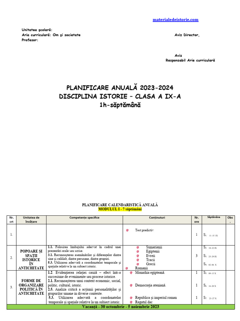 Planificare Calendaristica Clasa IX A 1 H 2 | PDF