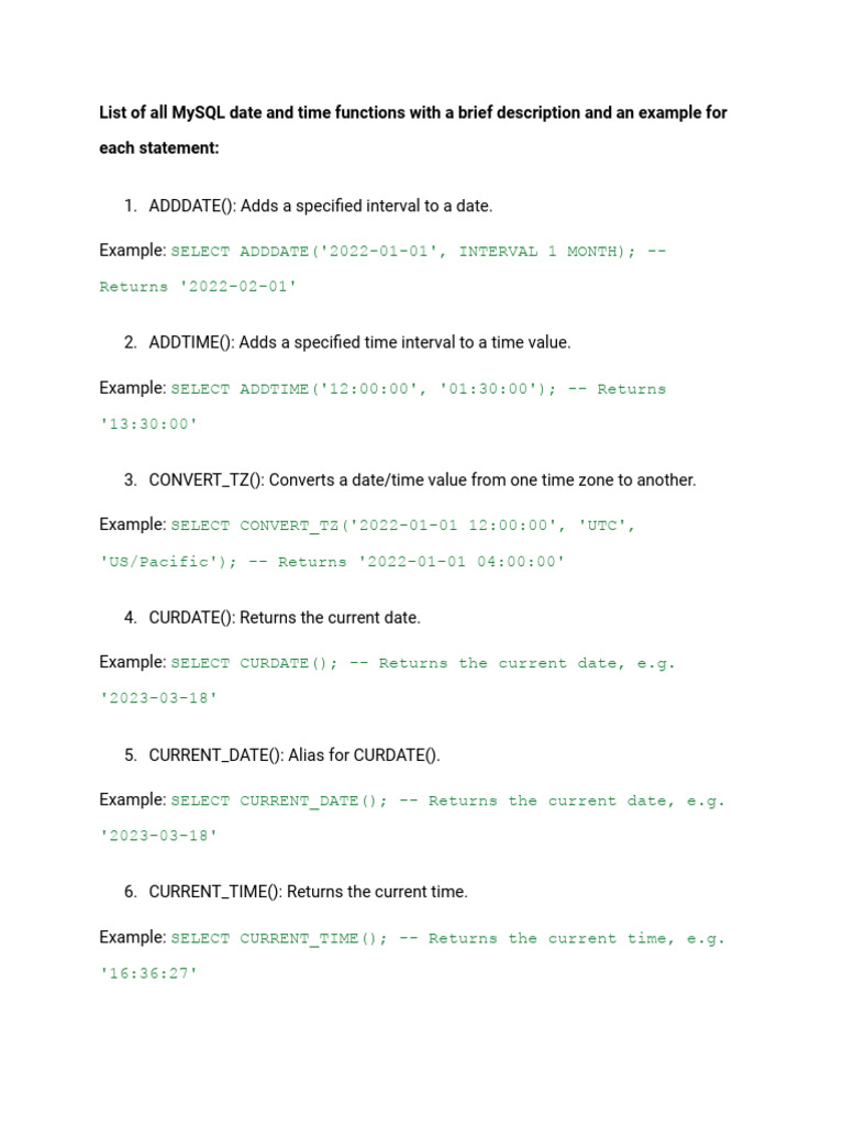 List of All MySQL Date and Time Functions With A Brief Description and An Example For Each ...