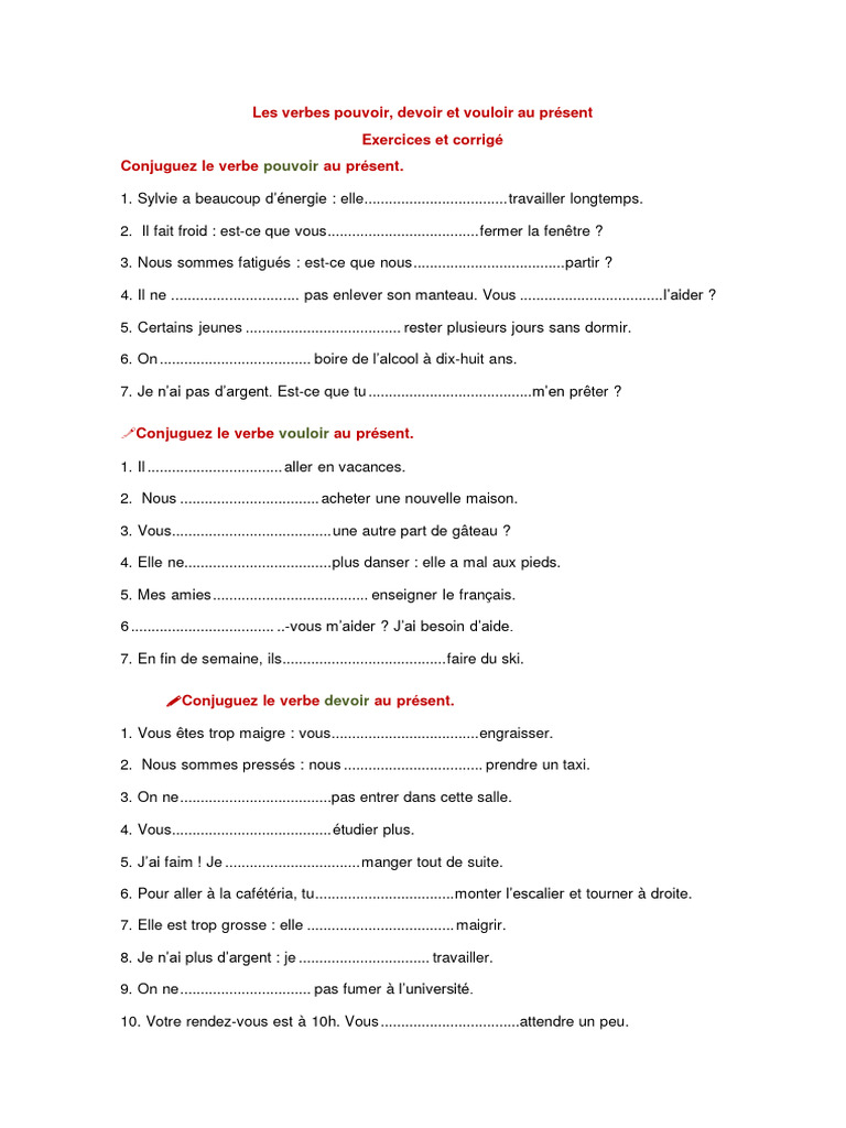 Les Verbes Pouvoir, Devoir Et Vouloir (Exercices Et Corrigés) | PDF
