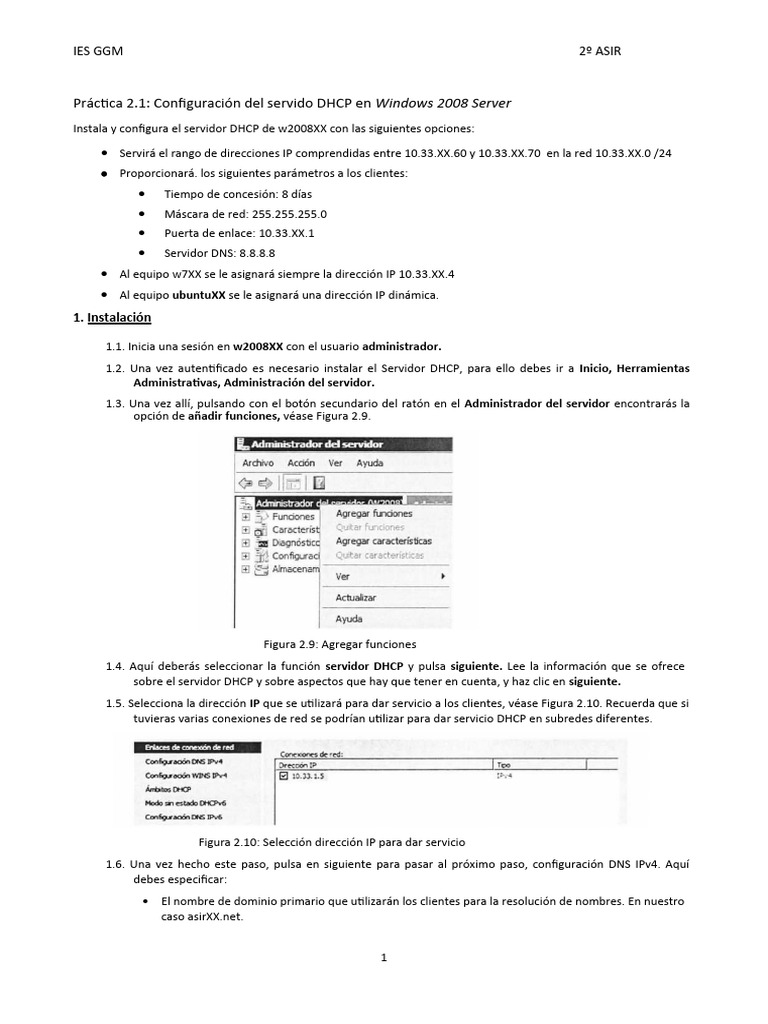 Práctica 2.1 - Configuración Del Servidor DHCP en Windows Server | PDF | Dirección IP ...