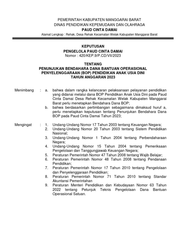 SK Bendahara BOSP PAUD 2023 | PDF