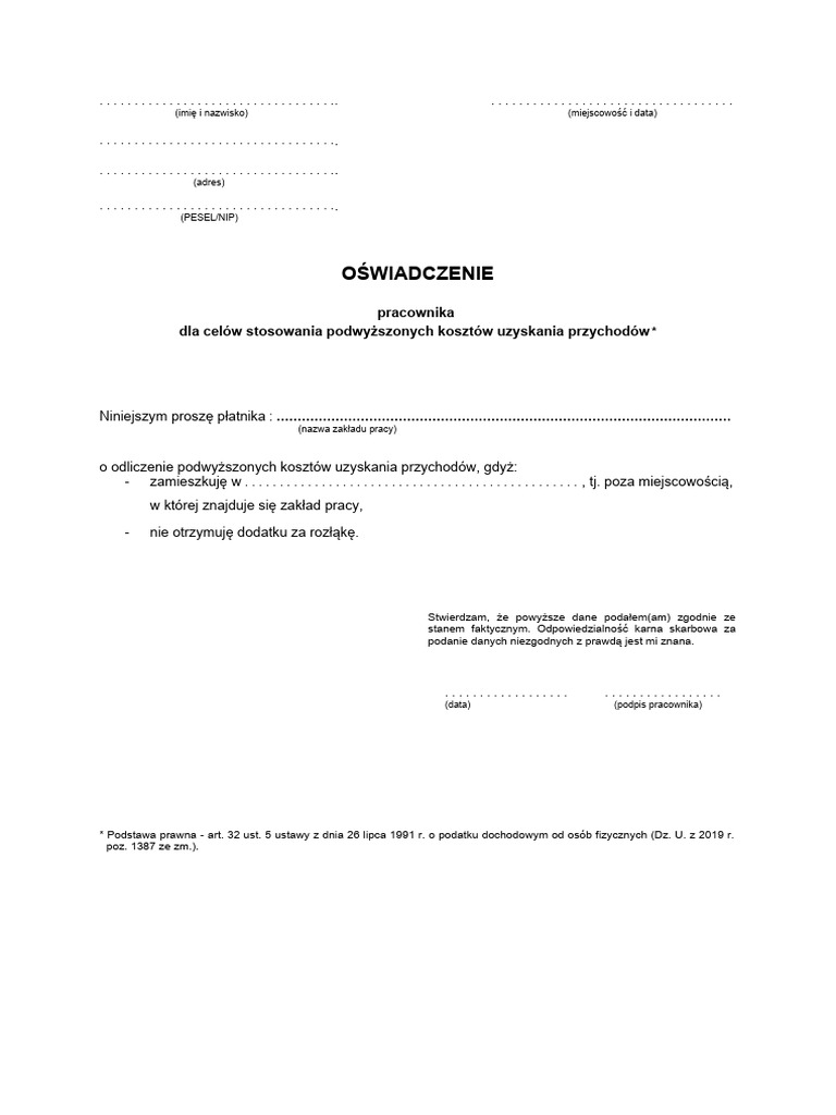 Oswiadczenie Pracownika Dla Celow Stosowania Podwyzszonych | PDF