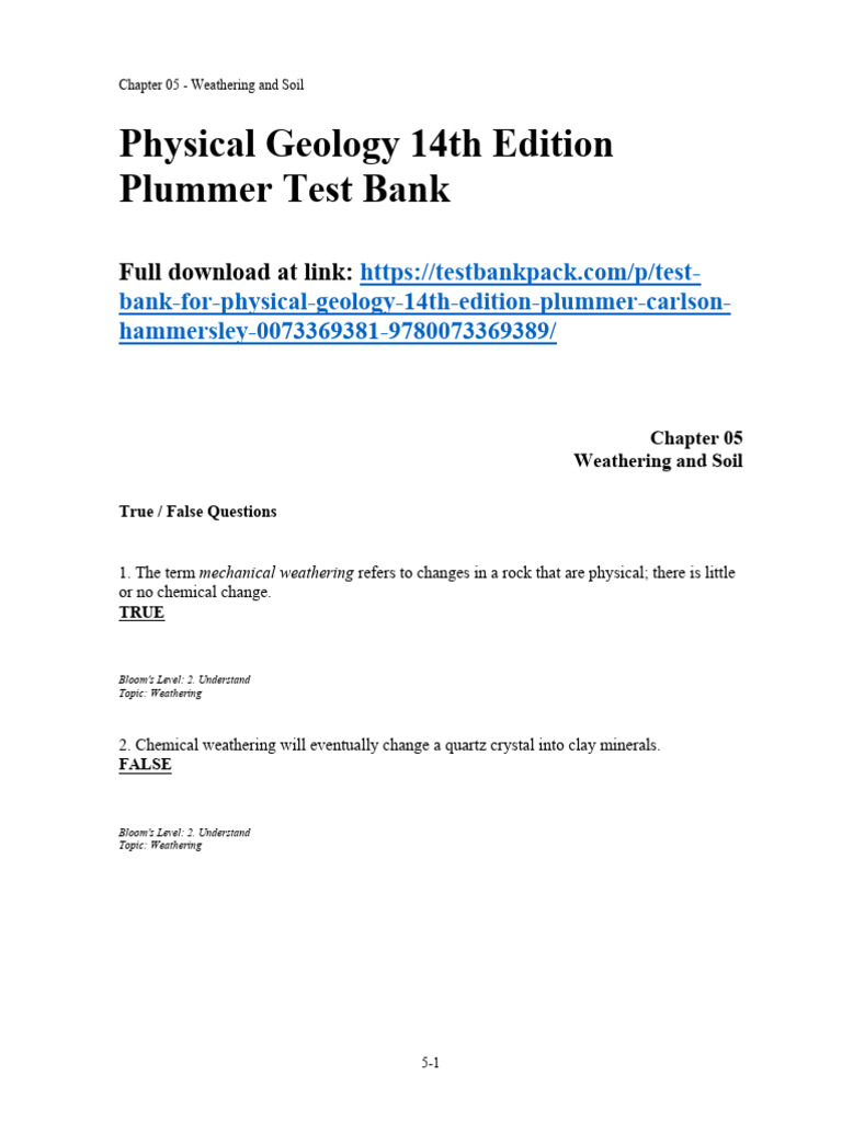 Physical Geology 14th Edition Plummer Test Bank 1 | PDF | Weathering | Soil