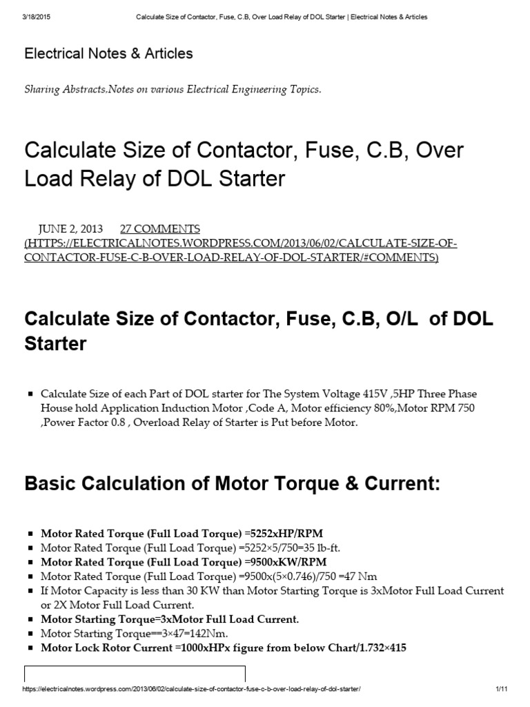 Calculate Size of Contactor, Fuse, C | PDF | Electric Motor | Relay
