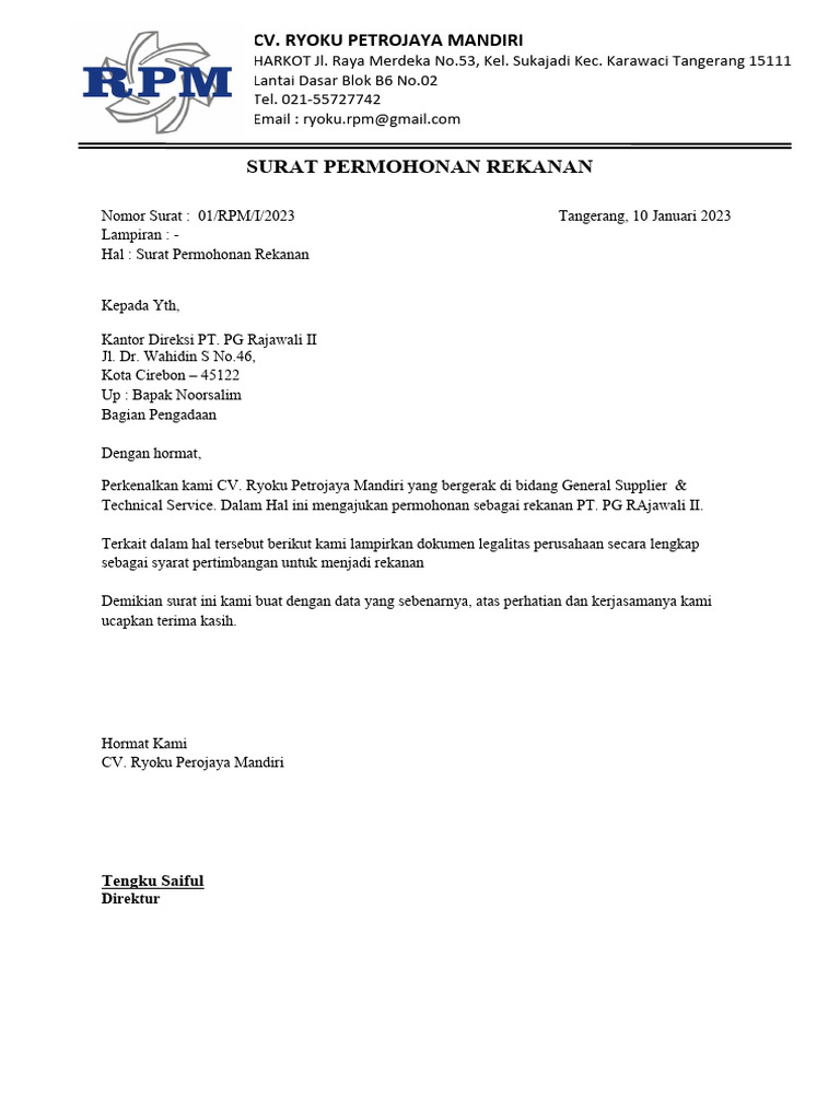 Surat Permohonan Rekanan | PDF