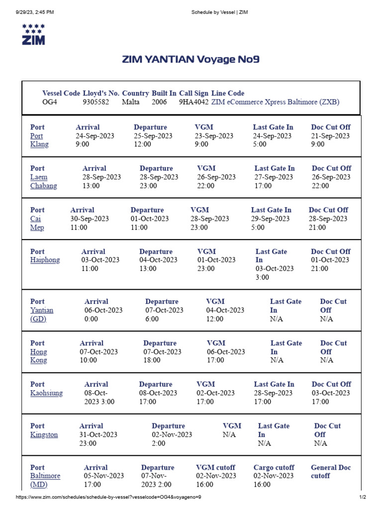 Schedule by Vessel - ZIM | PDF | Port | Transport