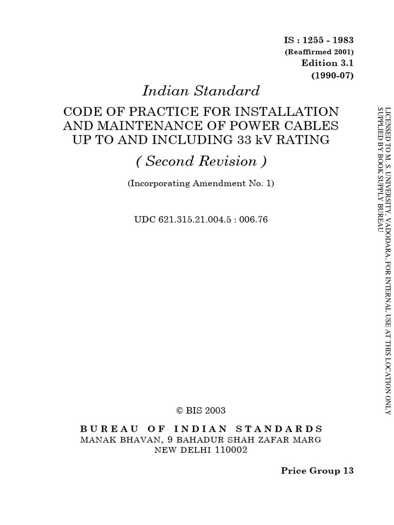 Indian Standard: Code of Practice For Installation and Maintenance of ...