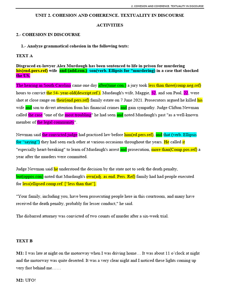 2. ACTIVITIES - PART 1- Cohesion and coherence-2 | PDF