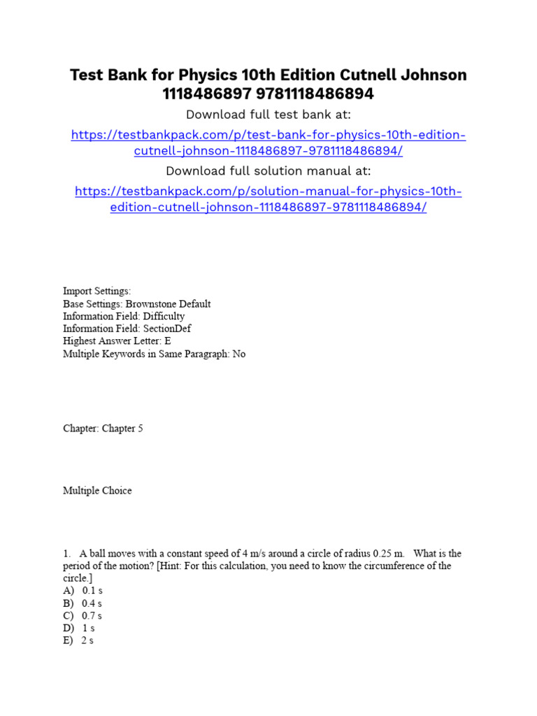 Test Bank for Cutnell Physics 10th Edition | PDF | Acceleration | Orbit