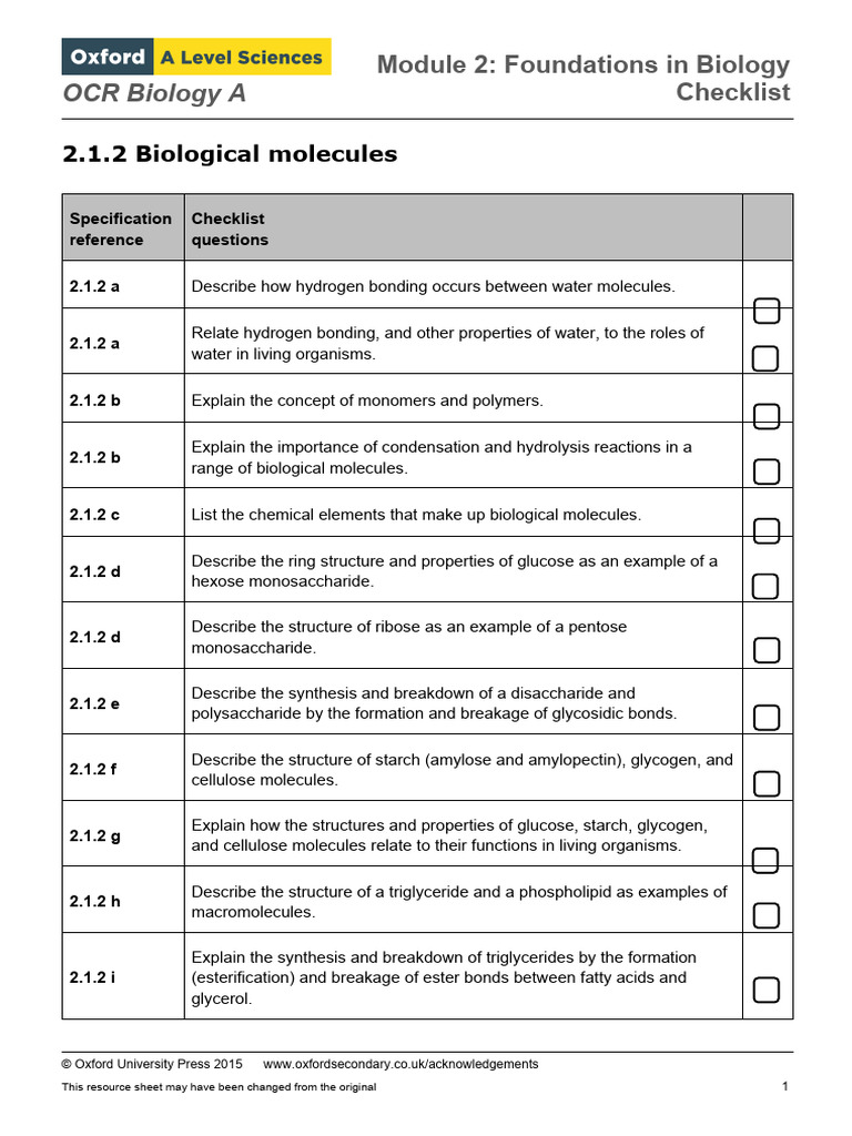 2.1.2 Biological Molecules Checklist | PDF | Biomolecules | Proteins