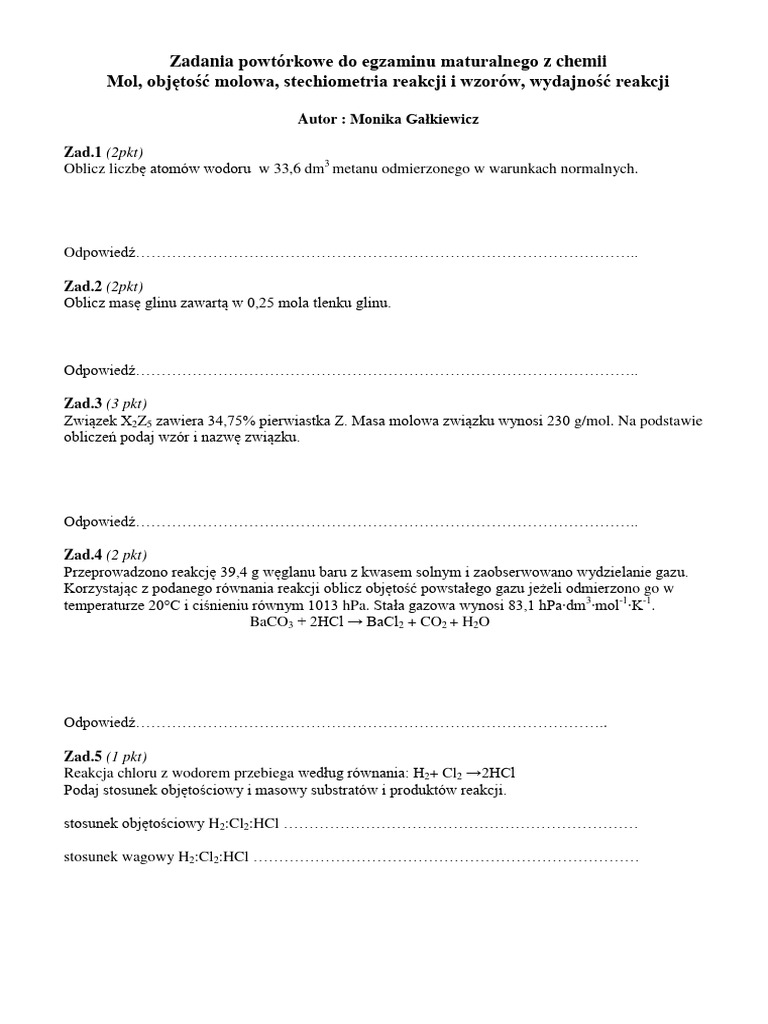 Stechiometria - Zadania Maturalne | PDF