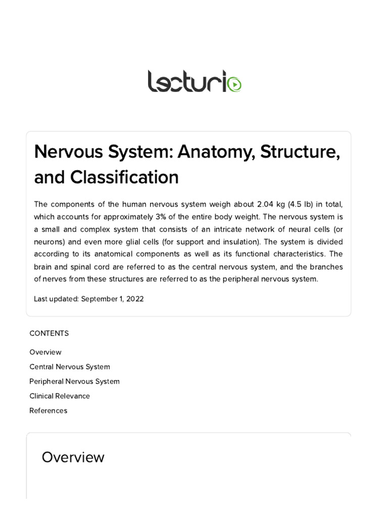 Nervous System - Anatomy, Structure, and Classification - Lecturio | PDF